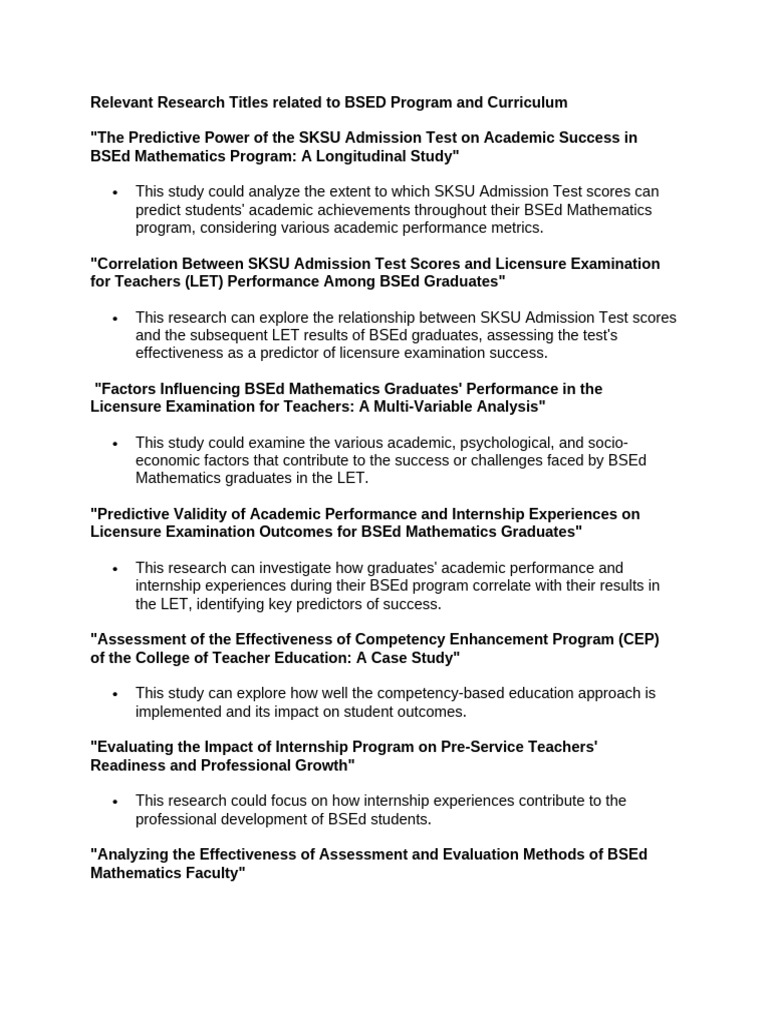 Relevant Research Titles Related To BSED Program and Curriculum | PDF