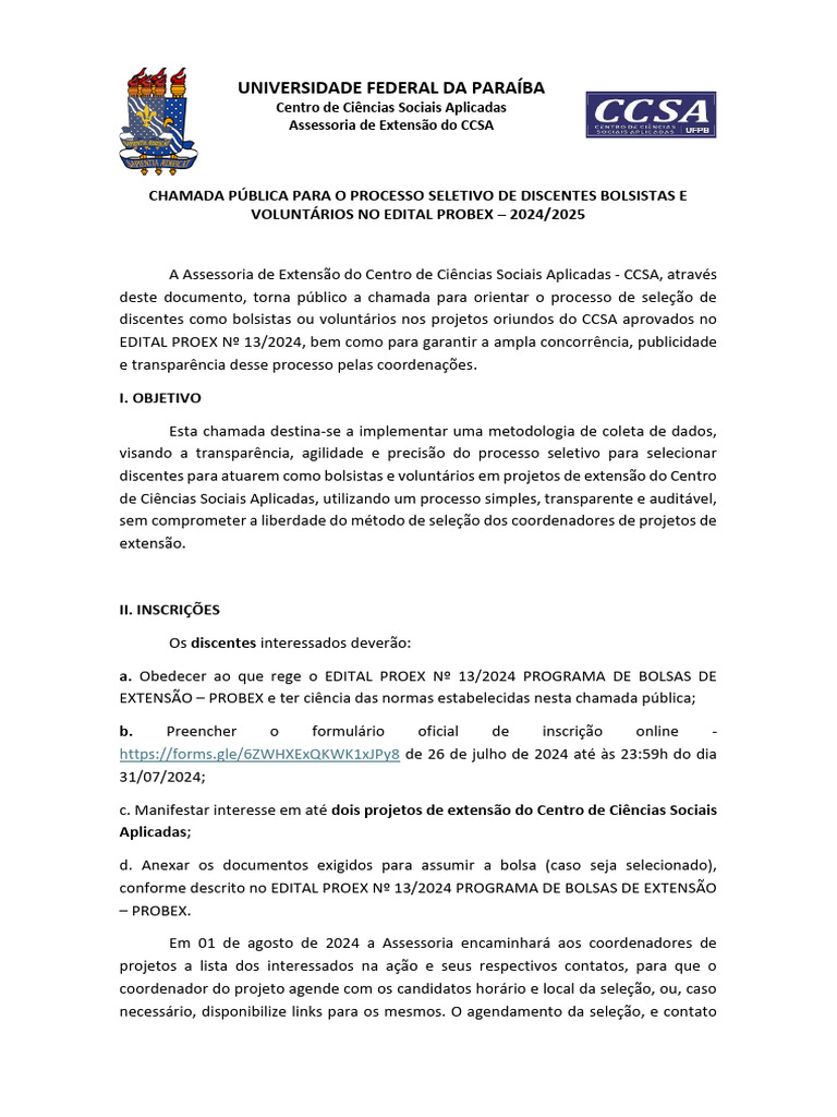 Chamada Pública Extensão Ccsa Para Selecao Probex 2024 2025 | PDF Chamada Pública Extensão Ccsa Para Selecao Probex 2024 2025 | PDF
