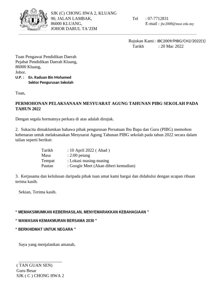 Surat Rasmi Pemohonan Pelaksanaan Mesyuarat Agung PIBG 2022 | PDF