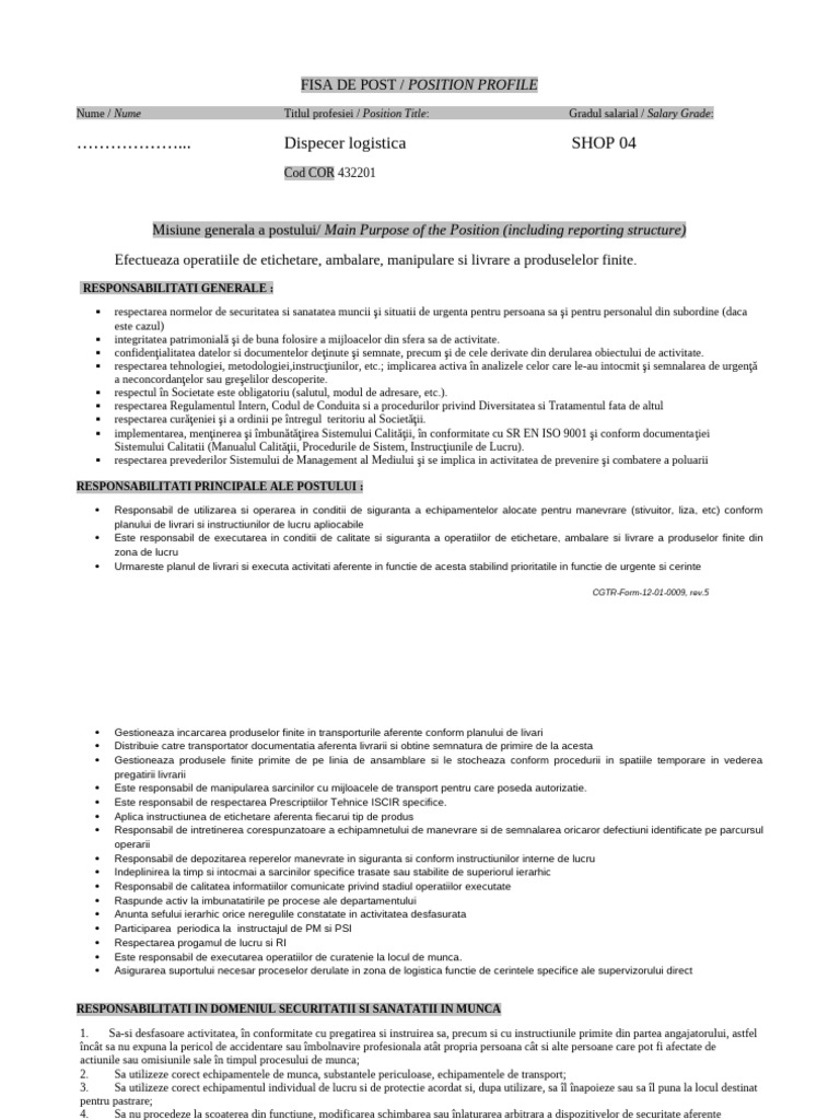Fisa de Post Dispecer Logistica | PDF