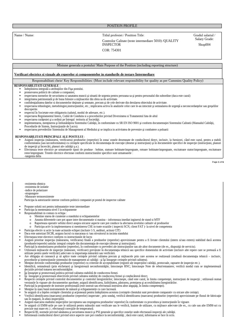 Fisa de Post Controlor Calitate-5010 | PDF