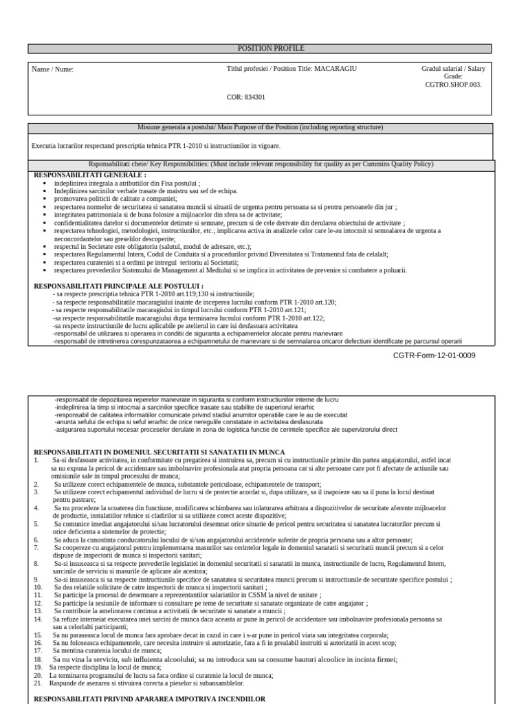 Fisa de Post Macaragiu | PDF