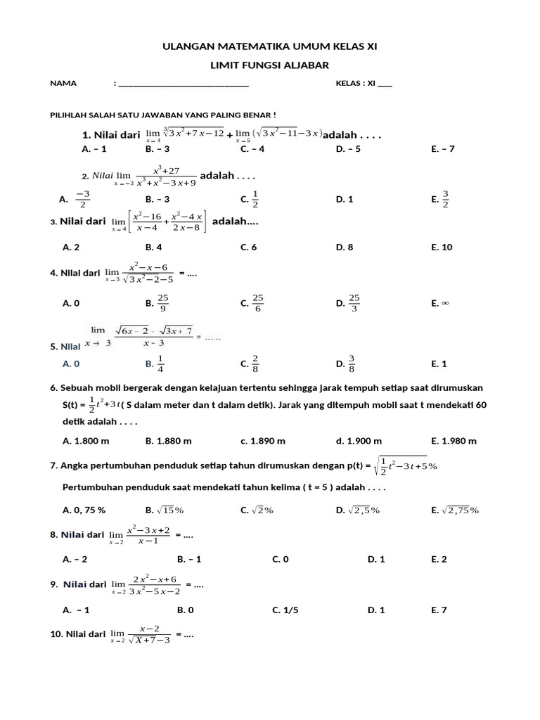 Ulangan Limit Kelas Xi | PDF