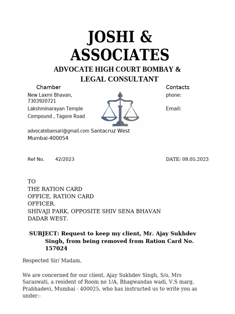 Letter To Ration Office - Ajay | PDF