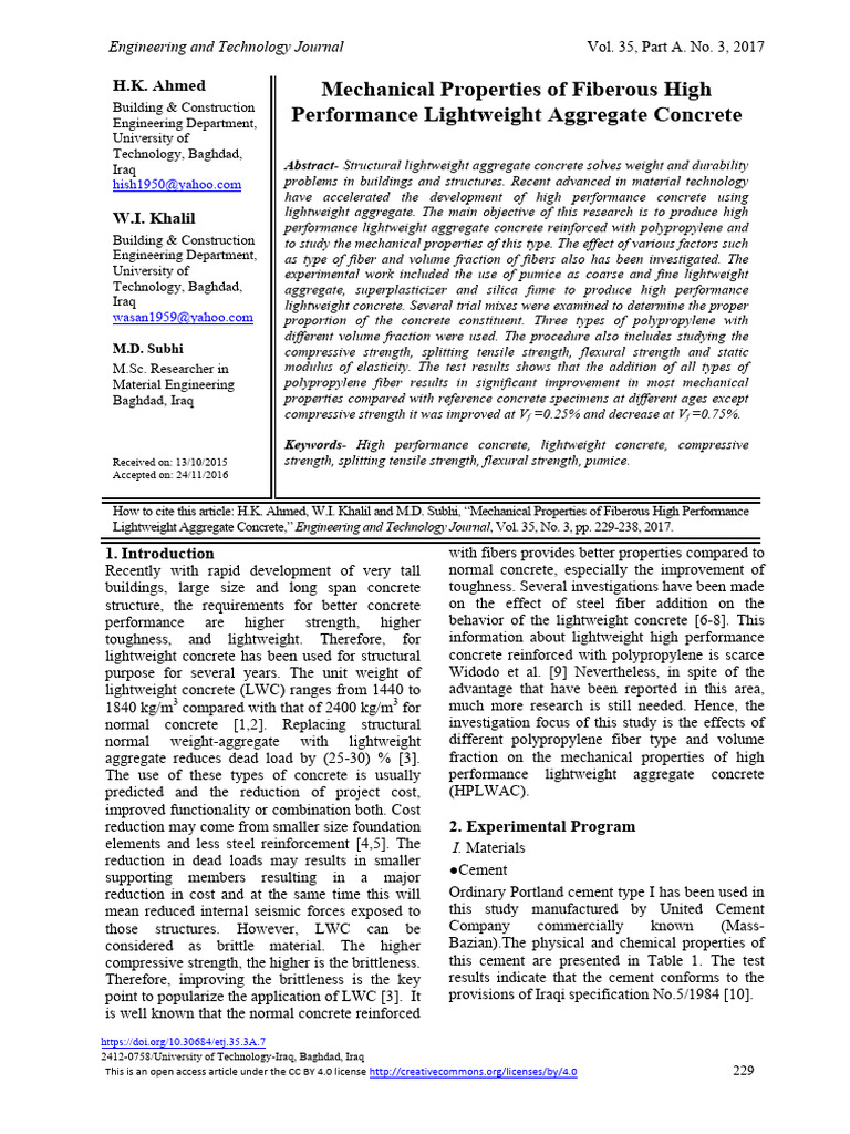 Mechanical Properties of Fiberous High Performance Lightweight Aggregate Concrete | PDF