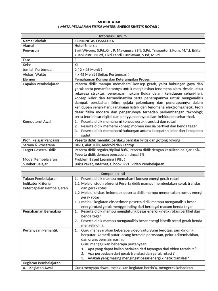 Modul Ajar Model Problem Based Learning (PBL) - Kelompok 9 - Energi Kinetik Rotasi | PDF