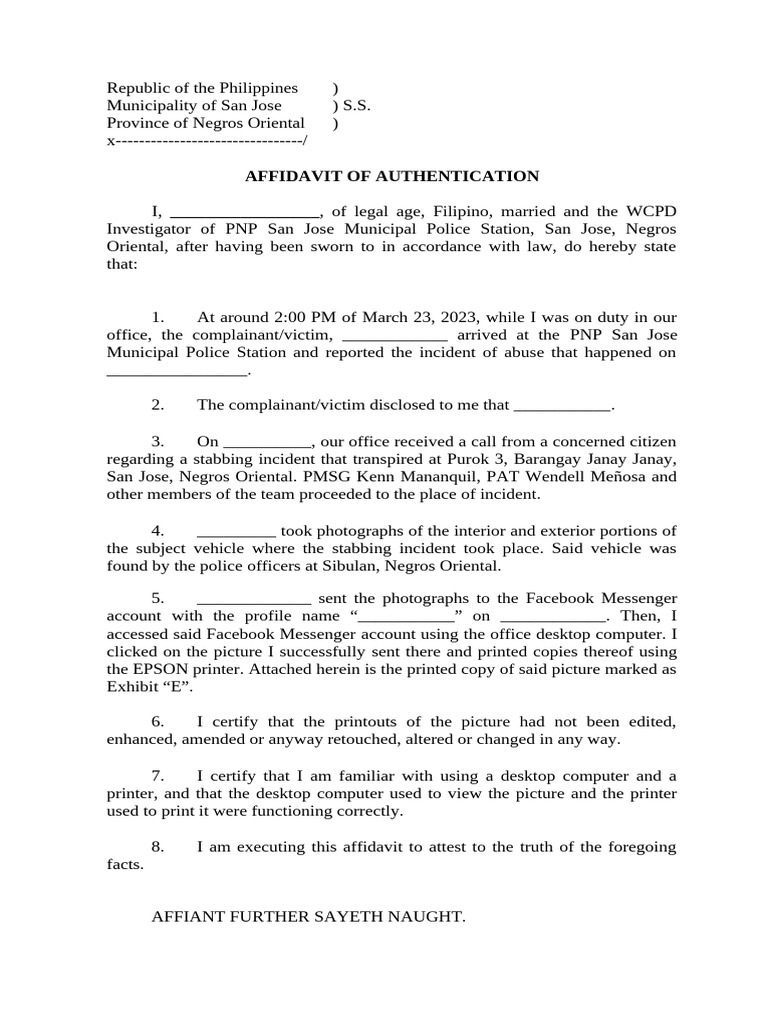 Sample Affidavit of Authentication | PDF | Affidavit