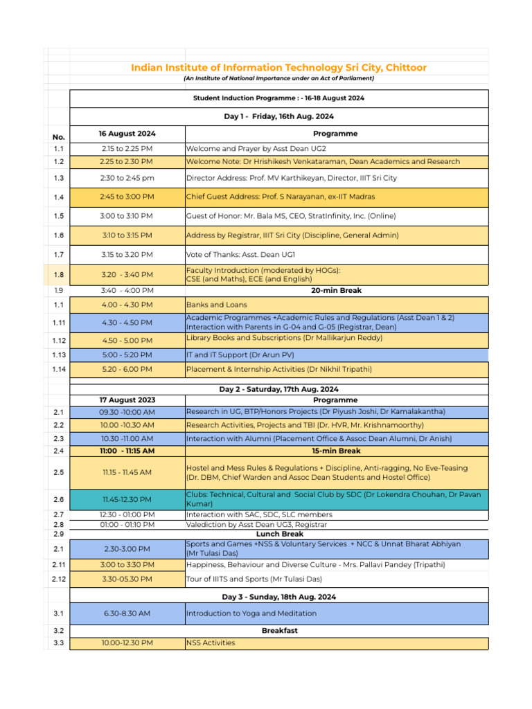IIITS - Induction Programme - Detailed - Schedule 2024 | PDF