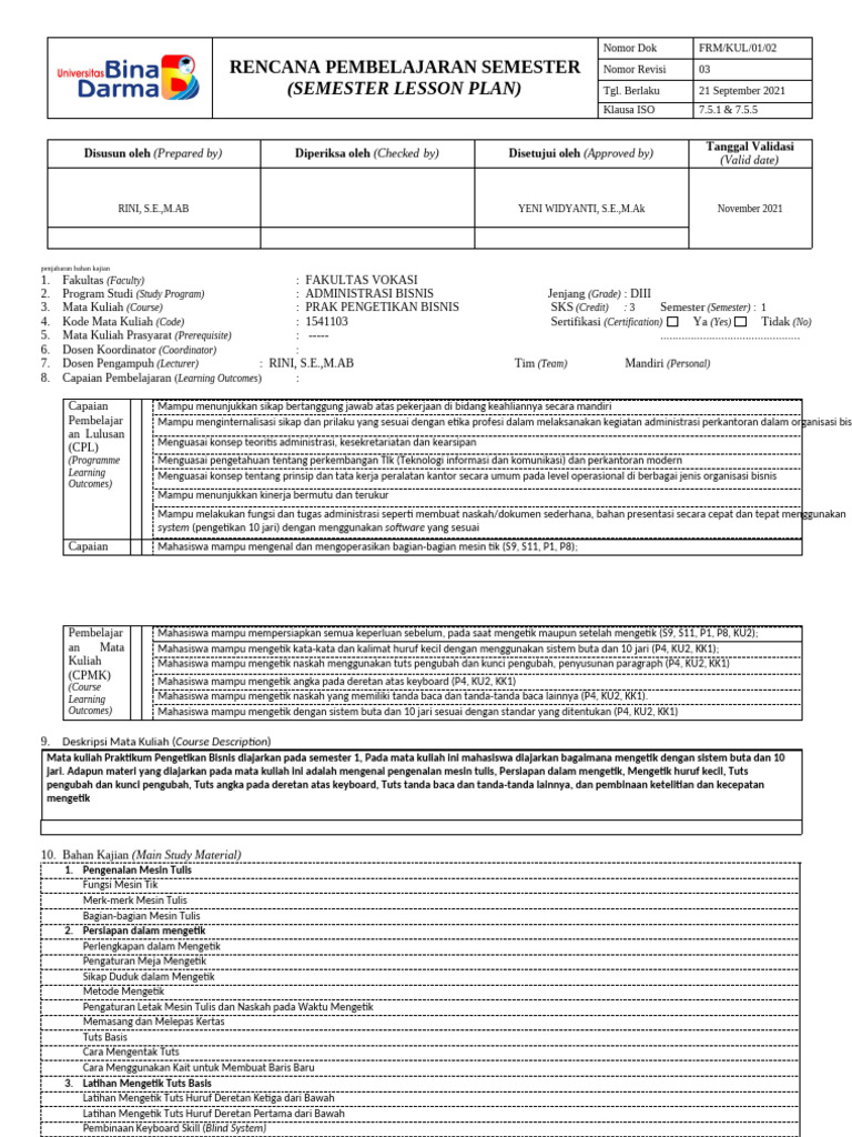 RPS Prak Pengetikan Bisnis2021rini | PDF