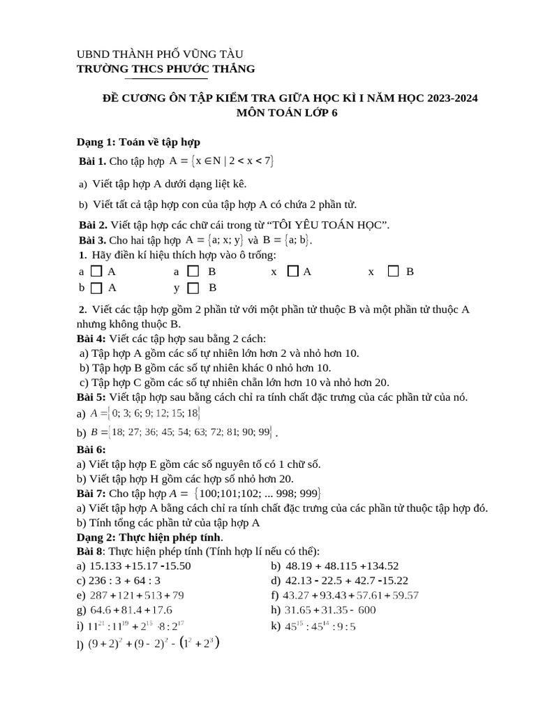 De Cuong Giua Hoc Ki 1 Toan 6 Nam 2023 2024 Truong Thcs Phuoc Thang BR VT | PDF