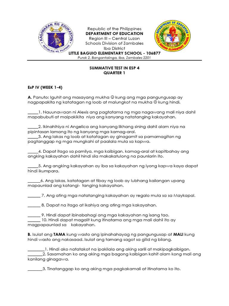 Esp-4 - Summative Test q1 | PDF