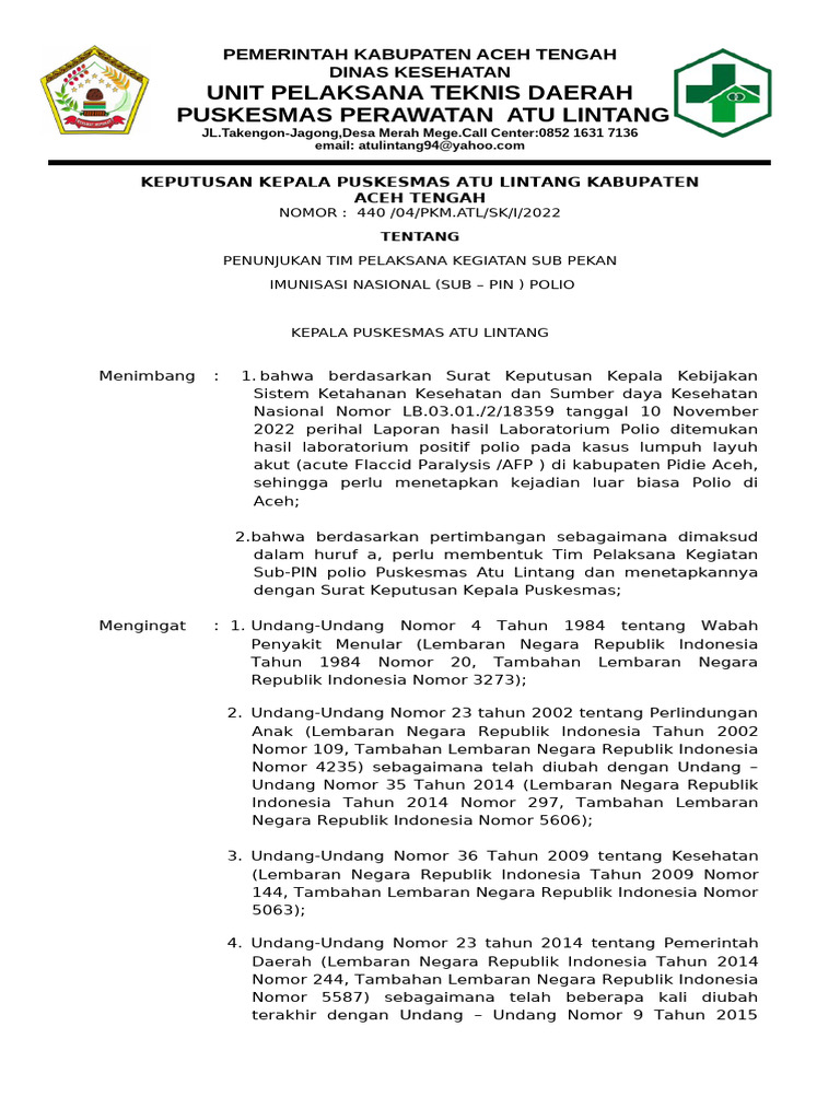 Unit Pelaksana Teknis Daerah Puskesmas Perawatan Atu Lintang | PDF