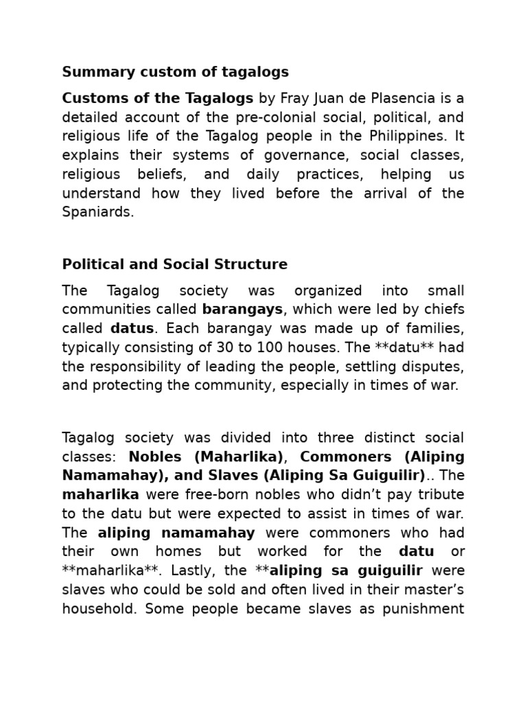Custom of Tagalogs Summary | PDF