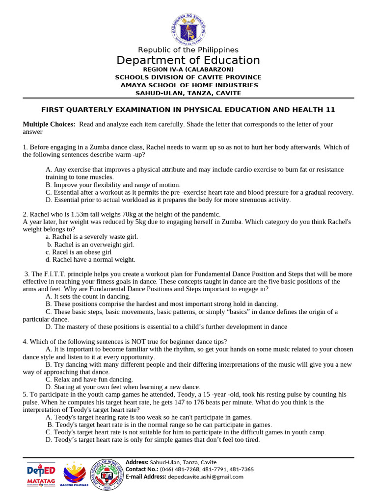 1st Quarterly Test in P.E. g11-2024-2025 | PDF | Physical Fitness ...