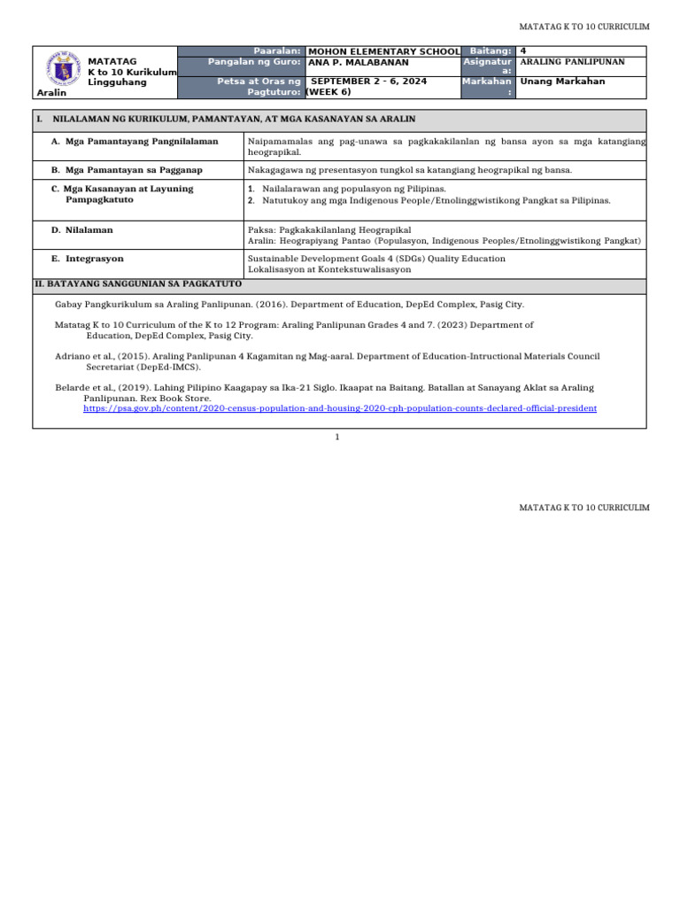DLL Matatag - Araling Panlipunan 4 Q1 W6 | PDF