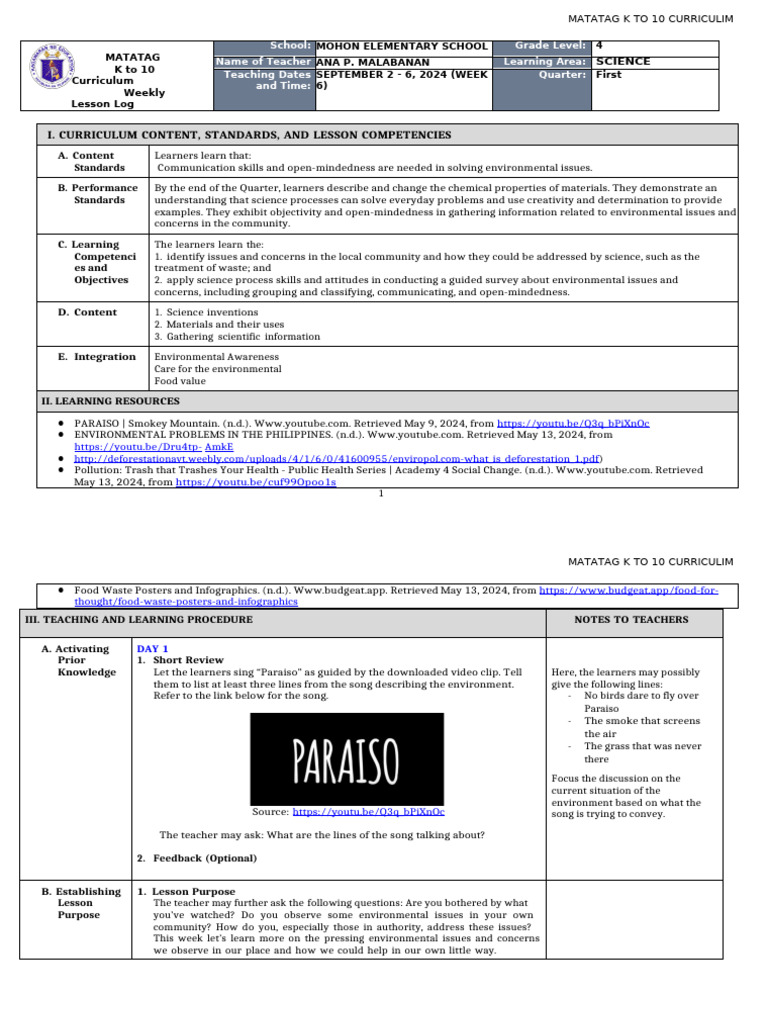 DLL Science-4-Q1 W6 | PDF