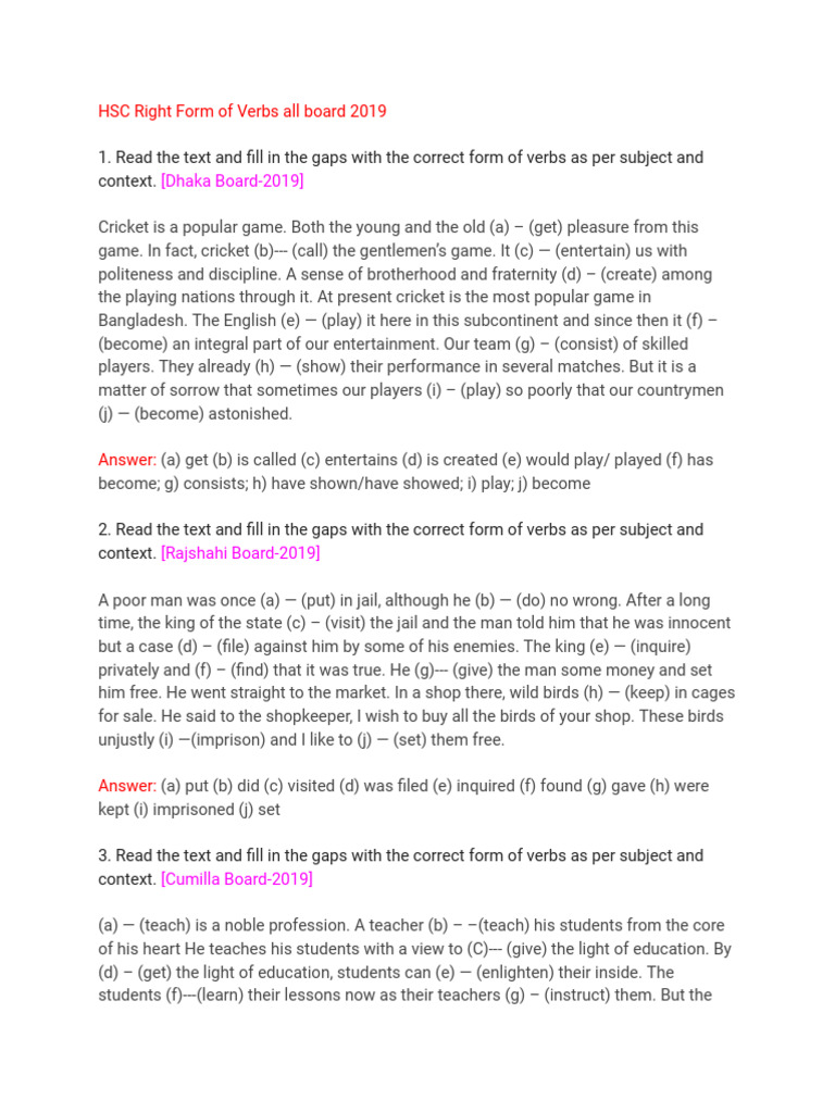 HSC Right Form of Verbs All Board 2019 | PDF