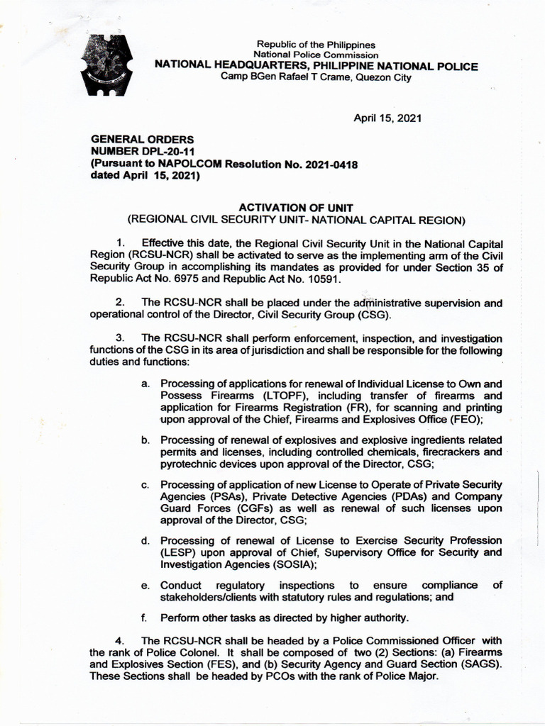 General Order Dpl-20-11 Activation of Rcsu Ncr | PDF