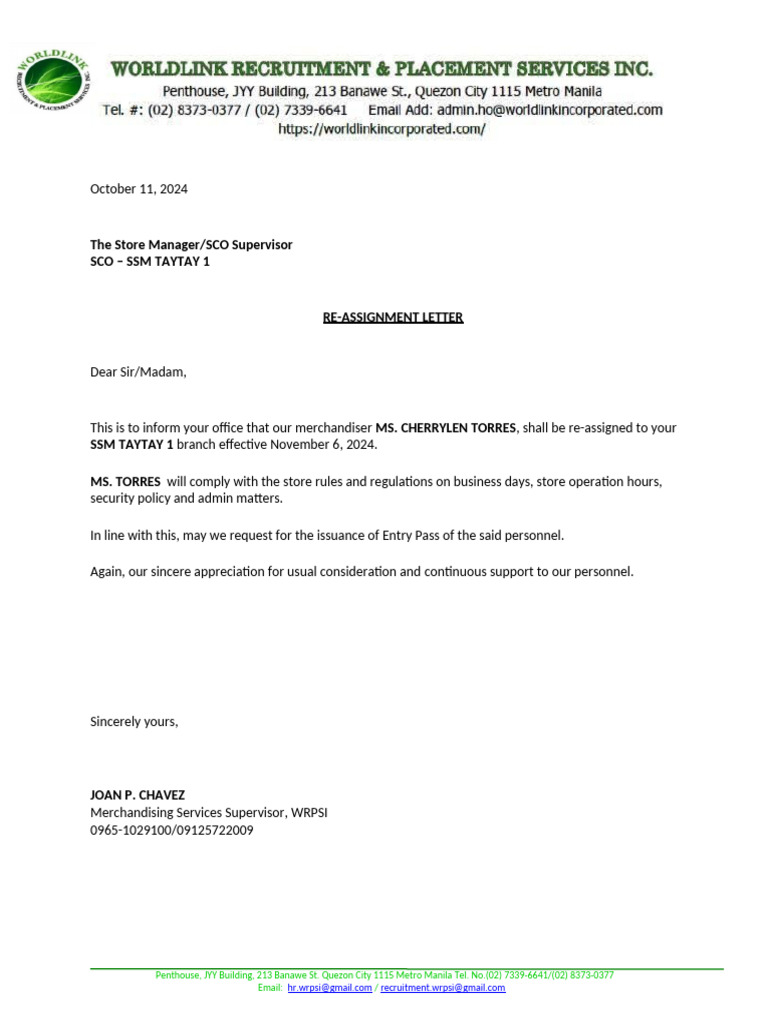 RE-ASSIGNMENT LETTER-Torres Taytay1 | PDF