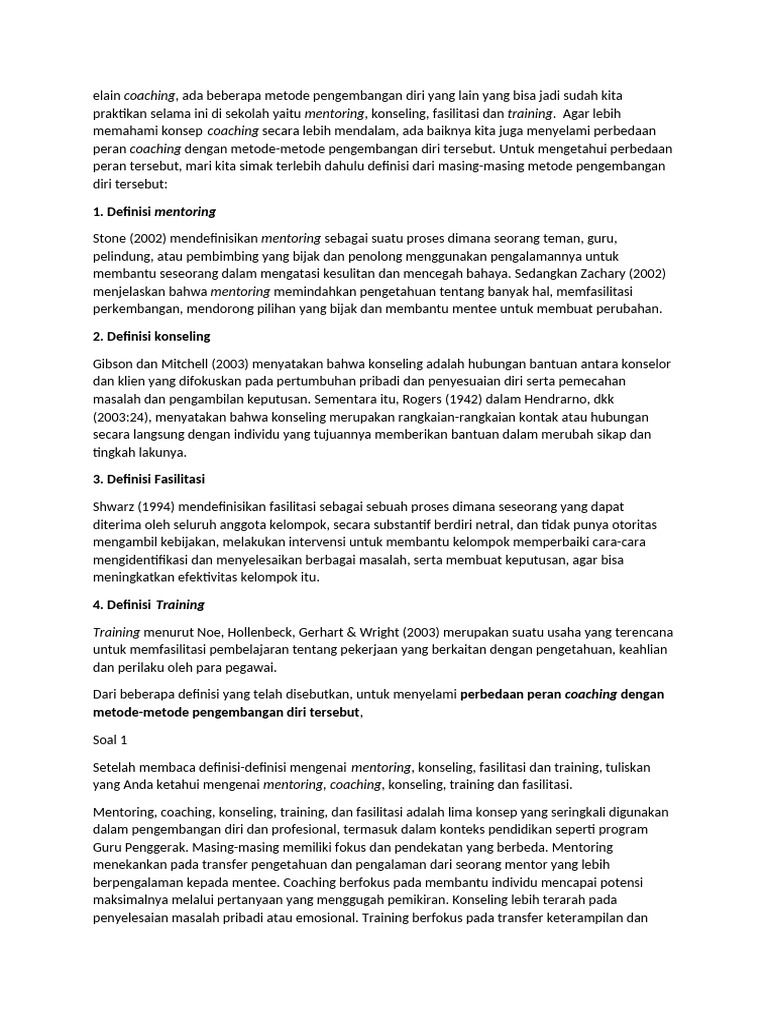 Eksplorasi Konsep Perbedaan Coach Mentor Trainer Fasilitator Pdf