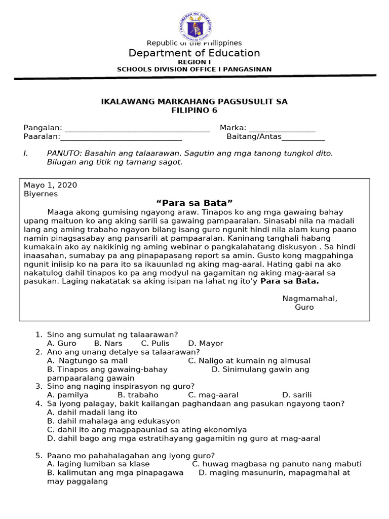 Ikalawang Markahang Pagsusulit sa Filipino 6 | PDF | Philippines ...