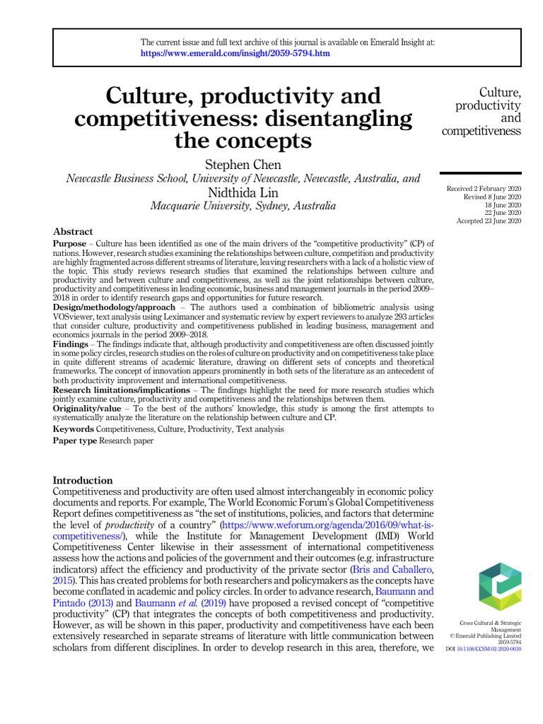 Culture, Productivity and Competitiveness - Disentangling The Concepts ...