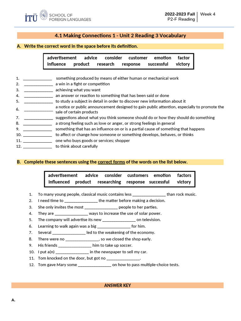 4.1 Making Connections 1 Unit 2 Reading 3 Vocabulary | PDF