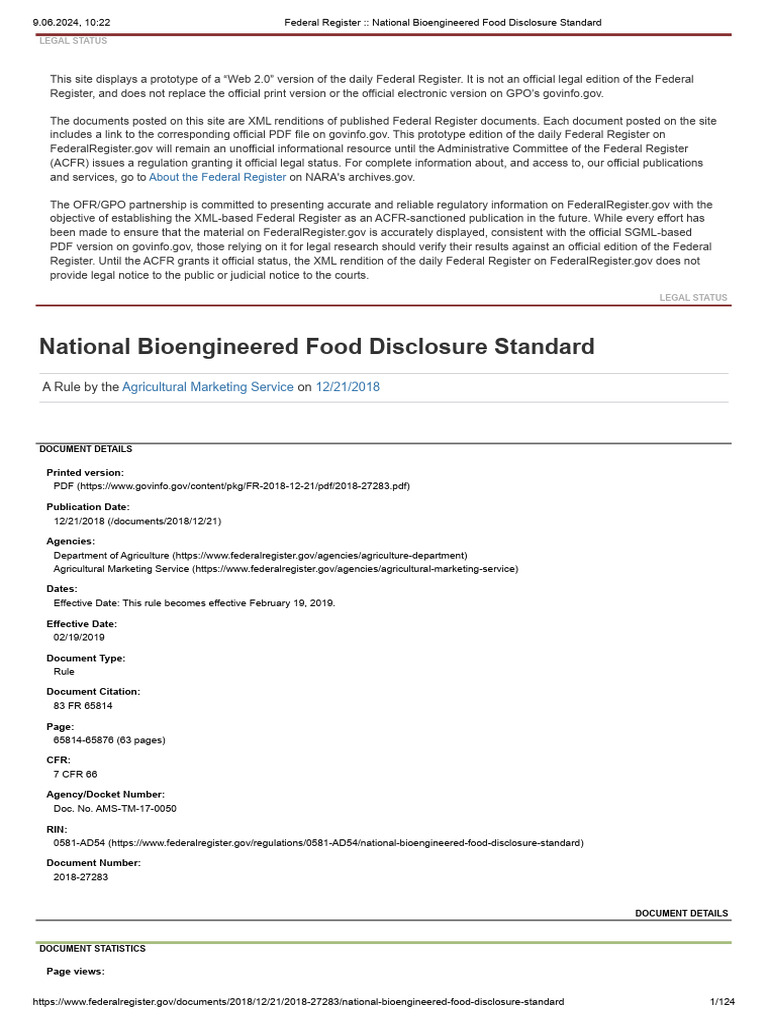 Federal Register - National Bioengineered Food Disclosure Standard | PDF