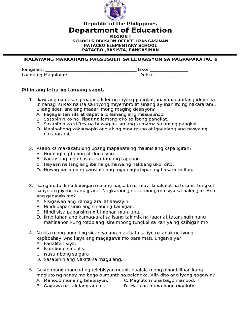 Edukasyon sa Pagpapakatao Exam | PDF