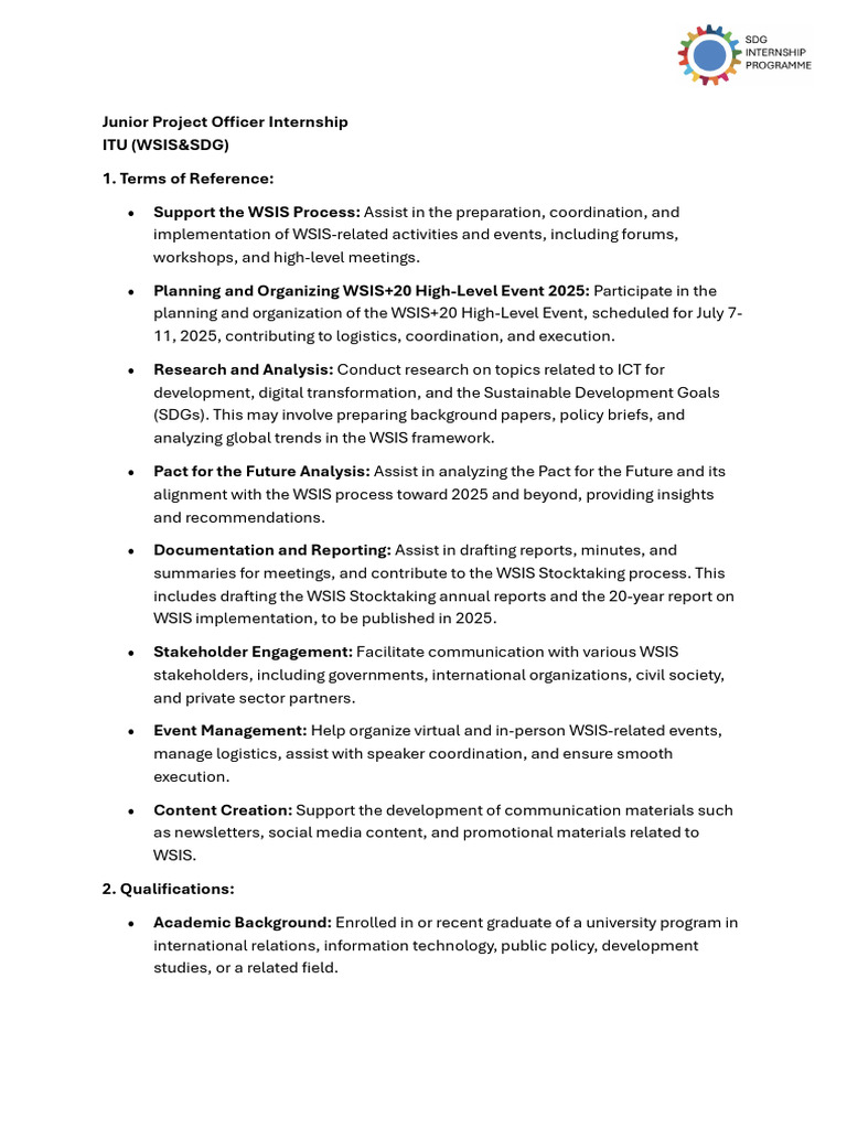 Terms of Reference For Junior Project Officer Internship at ITU ...