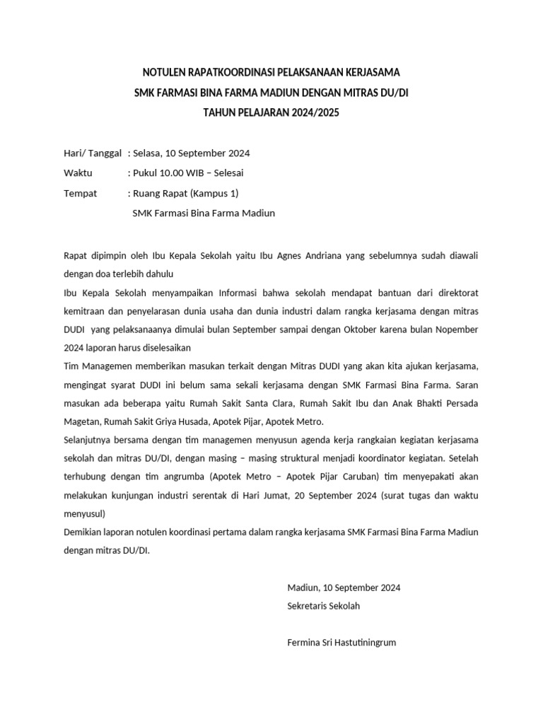 Notulen Rapatkoordinasi Pelaksanaan Kerjasama | PDF