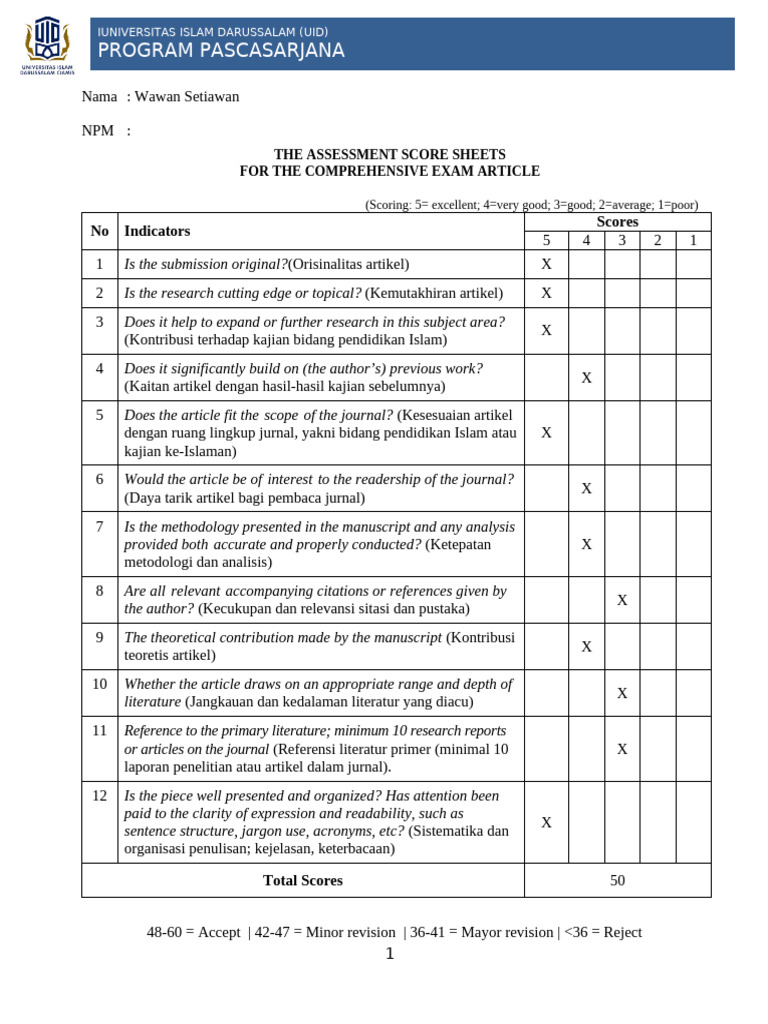 Lembar Penilaian Ujian Komprehensif Wawan Setiawan | PDF