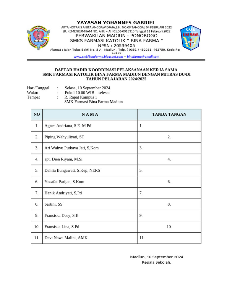 Daftar Hadir Rapat Mitras Dudi | PDF