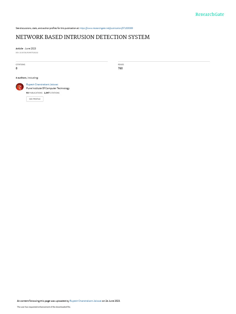 Network Based Intrusion Detection System: June 2023 | PDF