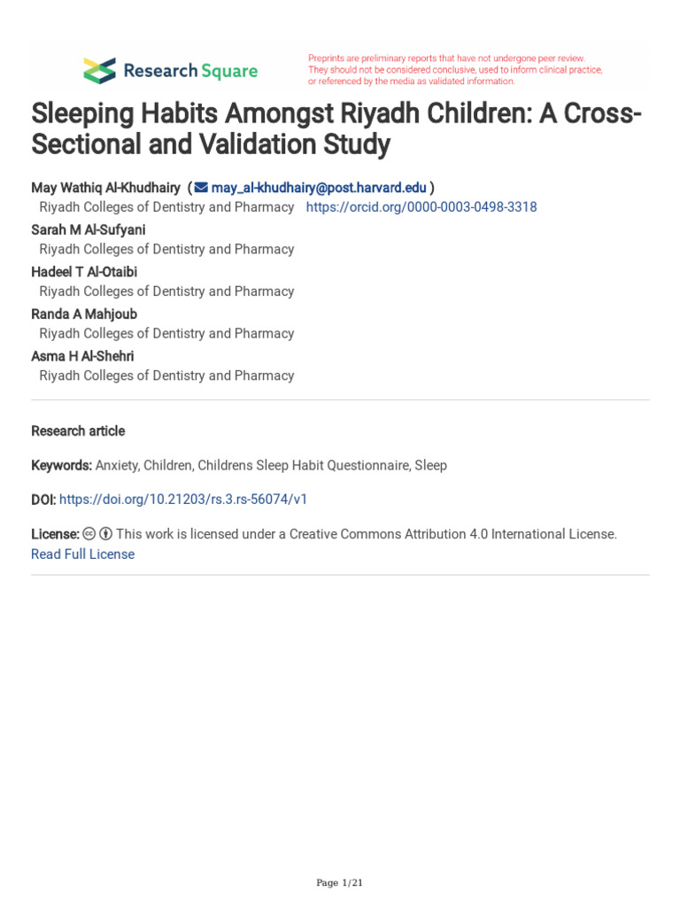 Sleeping Habits Amongst Riyadh Children A Cross-Se | PDF