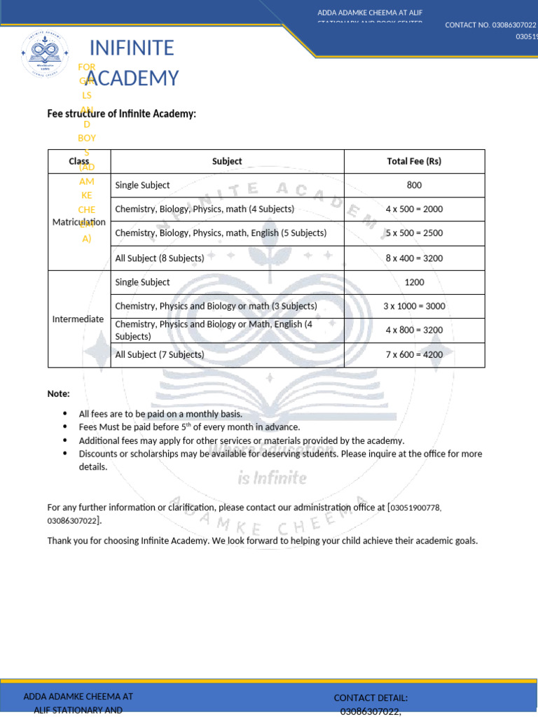 INFINITE ACADEMY Fee Structure | PDF