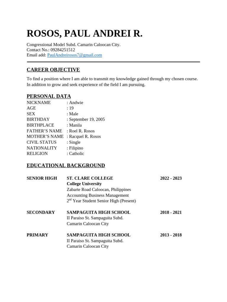 Rosos Paul Andrei R. Resume 9.23.2024 | PDF