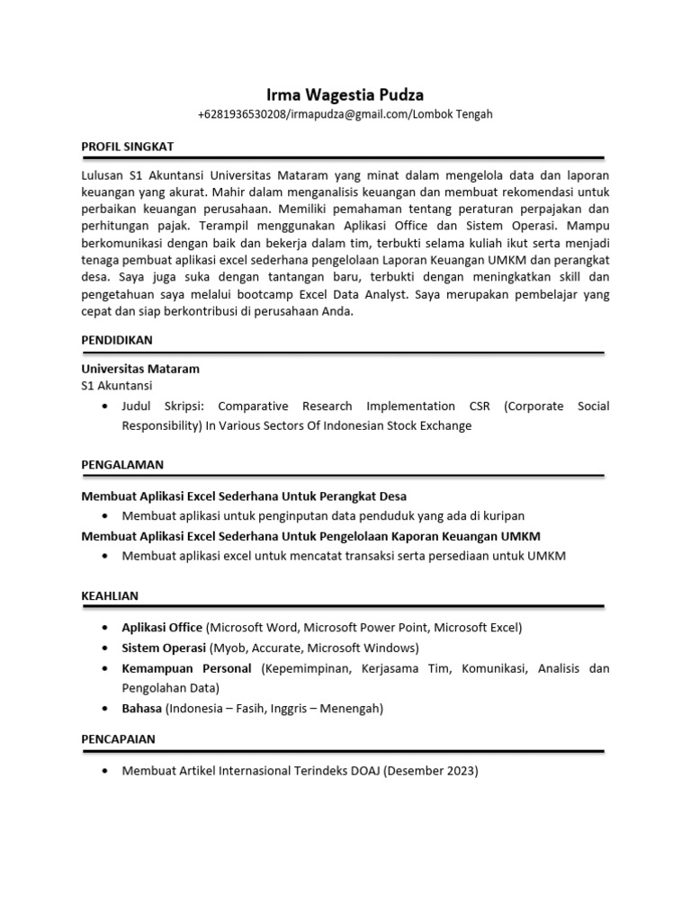 CV-Irma Wagestia Pudza | PDF