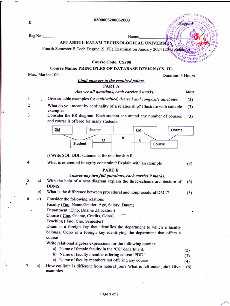 CS208 Principles of Database Design, January 2024 | PDF