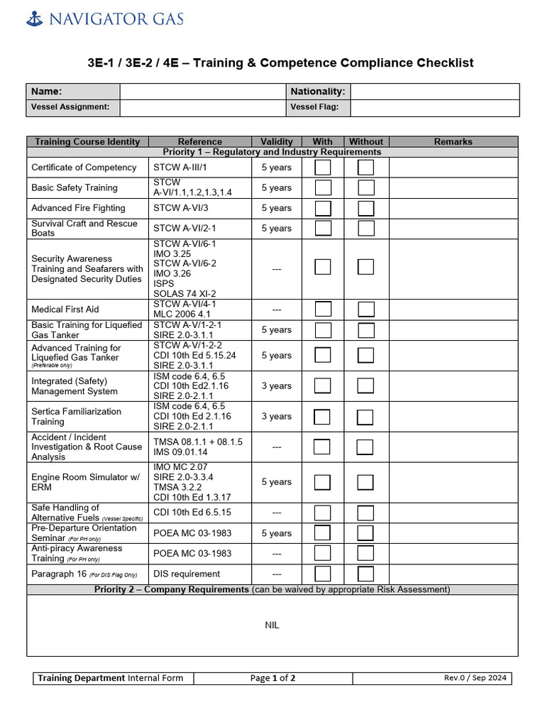 3E, 4E - Training & Competence Compliance Checklist | PDF