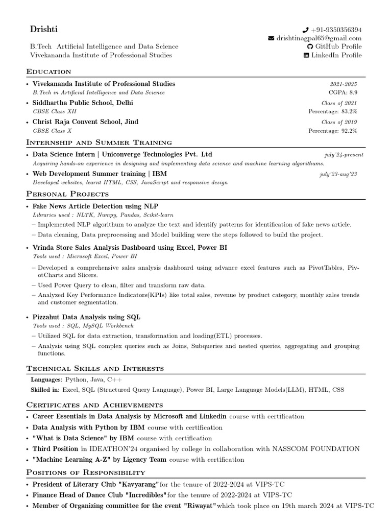 Drishti Data Analyst Resume | PDF | Sql | Data Science