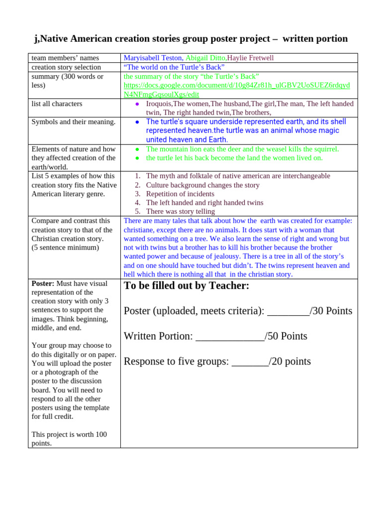 Native American Creation Stories Group Project | PDF