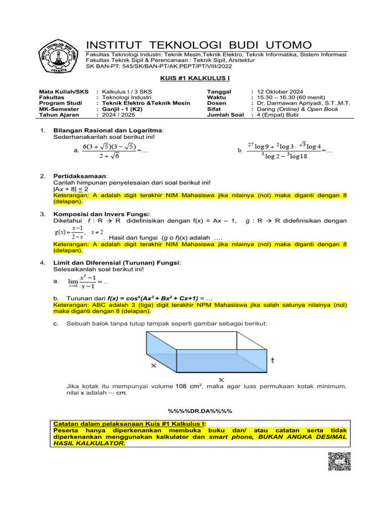 Kuis #1 Kalkulus I K2 Teknik Elektro & Mesin - Dosen Dr. Darmawan A ...