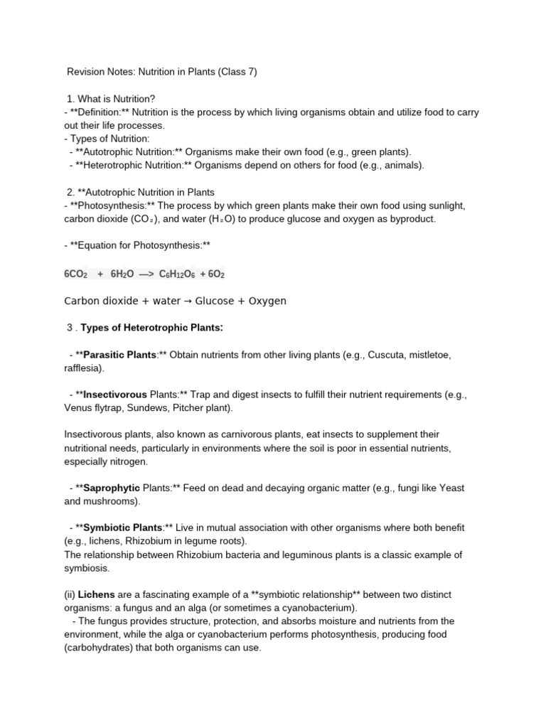 Revision Notes - Nutrition in Plants (Class 7) | PDF