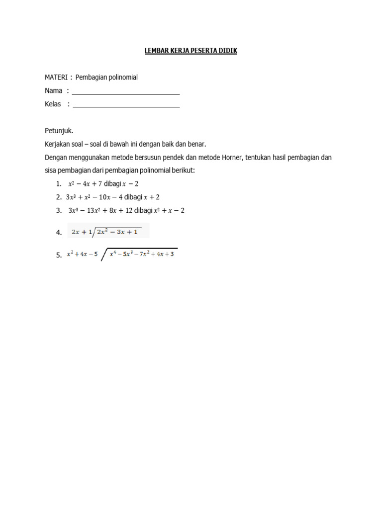 Lembar Latihan - Pembagian Polinomial Dengan Metode Bersusun Pendek Dan Metode Horner | PDF