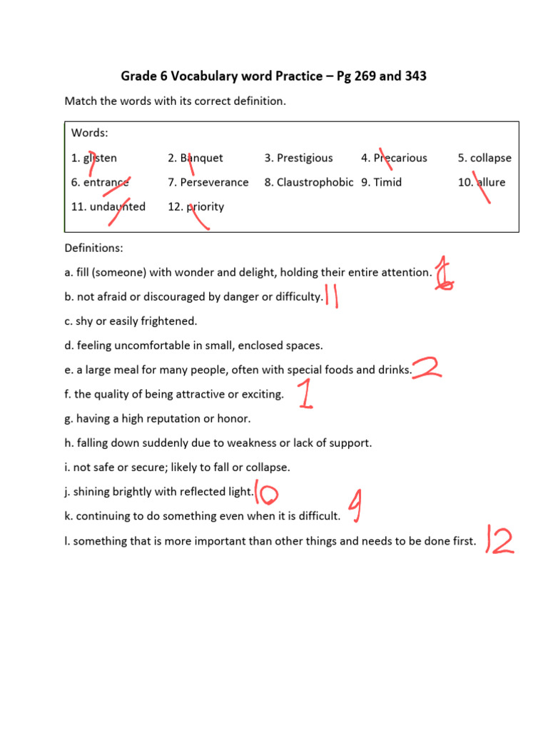 Grade 6 Vocabulary Word Practice PG 269 and 343 | PDF
