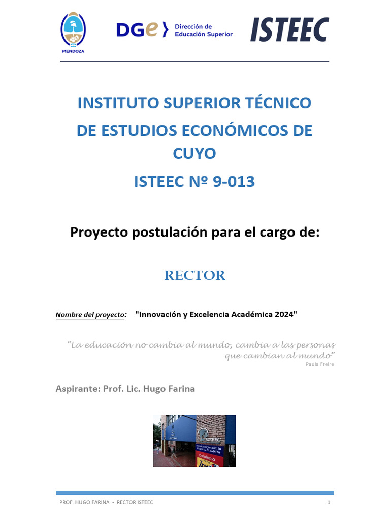 Proyecto Rector Hugo Farina 2024 | PDF