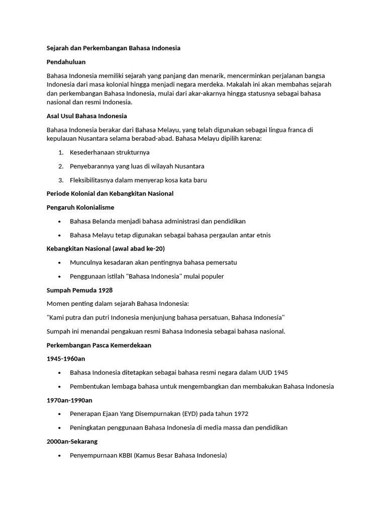 Makalah Sejarah Dan Perkembangan Bahasa Indonesia | PDF