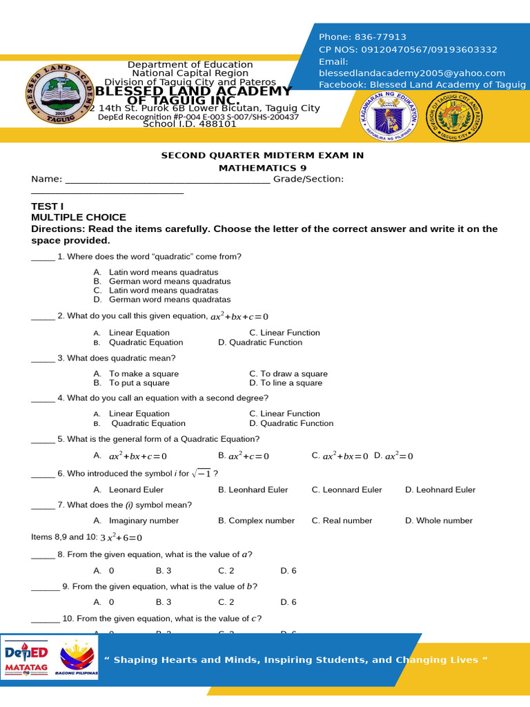 Grade 9 Math - Copy - 103914 | PDF