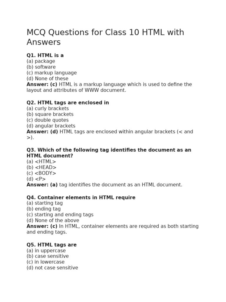MCQ Questions For Class 10 HTML With Answers | PDF